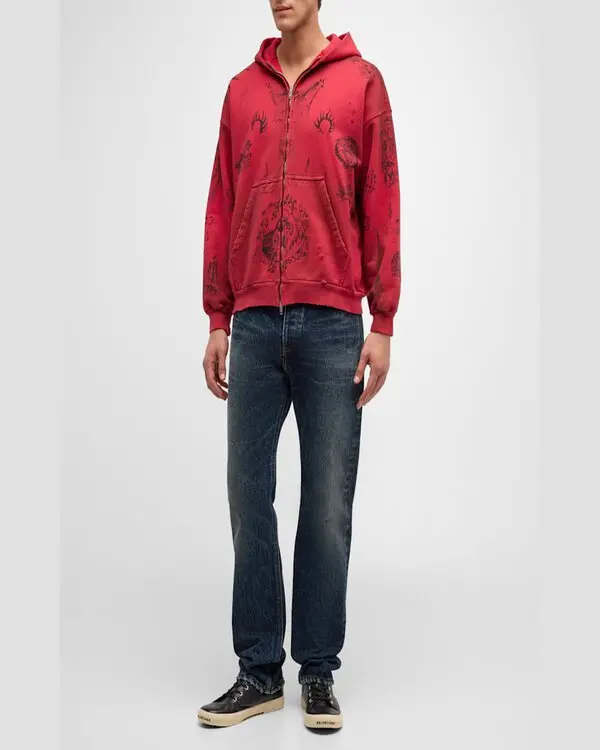 Balenciaga Tat Heavy Fleece Zip Hoodie - 6167 Red/Black